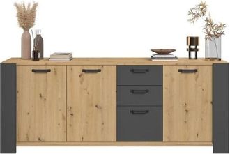 Les Tendances Les Tendances - Buffet loft - Decor chene artisan et melamine gris ombre - 3 portes et 3 tiroirs - l 220 x p 52 x h 86.5 cm - parisot