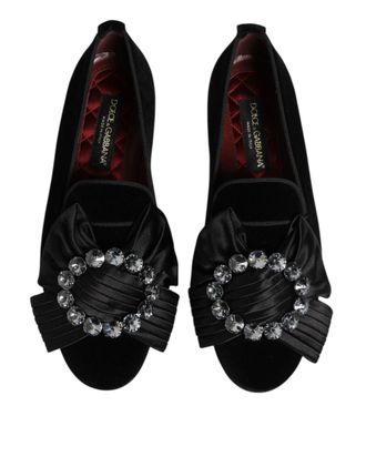 Dolce & Gabbana Mens Black Vaticano Crystal Ribbon Slip On Shoes Cotton