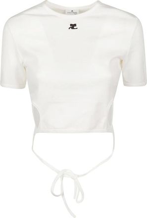 Courr&egrave;ges Femme, Tops, Blanc, Taille: 36 FR Ribbon Cut-Out Contrast T-Shirt