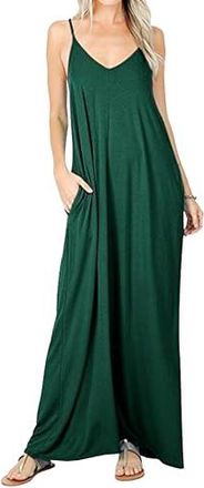 Generic Robe Longue dété pour Femme, Style bohème, Sexy, à Bretelles, décontractée, Ample, en Coton, avec Poches, pour la Plage