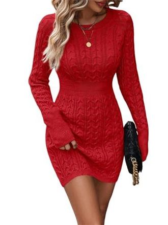 Generic Jupe pull &agrave; manches longues en tricot torsad&eacute; pour femme, pull &agrave; col rond, couleur unie, crayon de corps, robe portefeuille d&eacute;contract&eacute;e, Rouge, XL