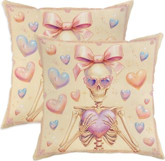 Generic Skelett-Halloween-Schleife Mit Verspielten Herzen Und Pastellfarben Kissenbezug Quadratische Kissenh&uuml;lle Atmungsaktiv Dekokissenbezug F&uuml;r Bett Hotel B