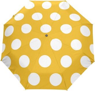 Montoj Regenschirm mit wei&szlig;en Punkten, gelbem Hintergrund, dreifach gefaltet, UV-Schutz, mit automatischem &Ouml;ffnender Knopf