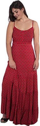 Coline Robe Longue dété Femme imprimée Plumes - Couleur : Rouge - Taille : S/M