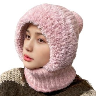 Generic Bonnet 3 en 1 pour femme avec doublure en polaire coupe-vent chaud tricot&eacute; - Cagoule dhiver - Masque de ski - Cache-cou pour temps froid, rose, Taille