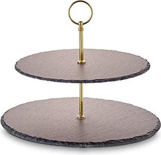 Echtwerk EW-ET-1779G Etagere-/ Servier-Ablage für Gebäck, Obst, Käse und Dessert aus Naturschiefer mit 2 Ebenen und Metallgriff, Gold-Edition, Ø Schieferplatte
