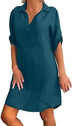 Generic Robe chemise robe chemisier robe lin femme col en V manches mi-longues robe chemise élégante été décontractée couleur unie robe courte mini robe ample