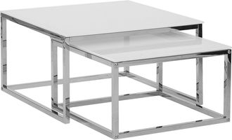 Beliani Quadratisch, minimalistisch und modern: Couchtisch 2er Set in Weiß mit polierten Metallbeinen und Silber Glastischplatte Brea
