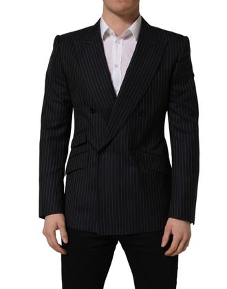 Dolce & Gabbana Mens Black Stripes Wool Double Breasted Jacket Silk Clothing