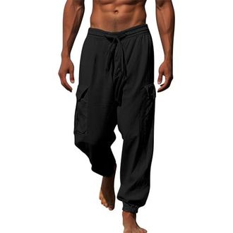Generic Pantalon d&eacute;t&eacute; baggy en lin pour homme - Couleur unie - Pantalon cargo respirant - En coton - Avec empi&egrave;cement c&ocirc;tel&eacute; au bas des jambes - Taille &eacute;lasti