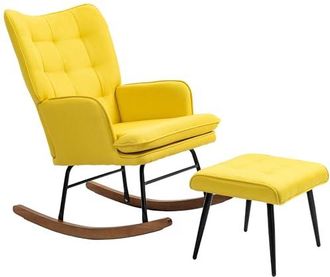 HOMCOM Fauteuil à bascule avec tabouret, fauteuil dallaitement, aspect lin, capacité de charge jusquà 130 kg, pour chambre à coucher, salon, jaune
