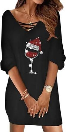 Minetom Femme Col V Robe Pull Dentelle Ample en Maille Long Pullover Tricot Robe De Noël À Manche Longue Robe De Soirée A3 Noir XL