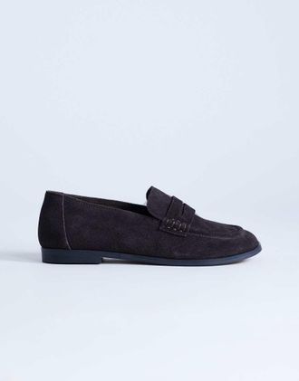 Topshop Charlie - Flache Loafer aus echtem Wildleder in Schokobraun-Brown