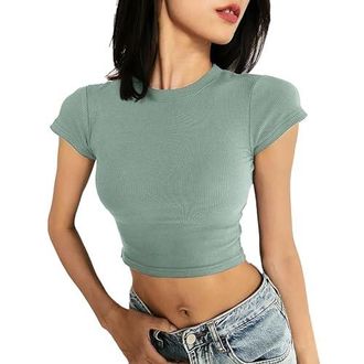 Generic Haut court &agrave; manches courtes pour femme - Coupe ajust&eacute;e - Extensible - C&ocirc;tel&eacute; - D&eacute;contract&eacute; - Basique - Pour sortir dans la rue, Vert, XXL