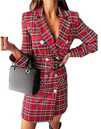 ORANDESIGNE Robe Blazer à Carreaux pour Femmes Robe Moulante Sexy Slim Fit Mini Robes Élégante Manches Longues Double Boutonnage de Soirée B Rouge XL