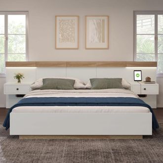 Liberte Lit adulte 160x200 cm, Lit double avec chevets suspendus, led et ports usb, cadre en bois, sommier &agrave; lattes, ch&ecirc;ne + blanc