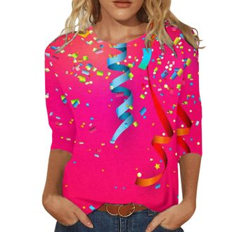 Generic Damen 3/4 Arm Shirt Bunt Regenbogen Druck T-Shirt Rundhals Oberteile 70er Jahre Hippie Kost&uuml;m Karneval Fasching Outfit Tunika Bluse Casual Streetwear