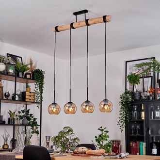 HOFSTEIN H&auml;ngeleuchte Koyoto, 4-flammige H&auml;ngelampe aus Metall/Holz/Glas in Schwarz/Natur/Bernstein, moderne Pendelleuchte im Boho/Retro-Design mit Holzstab, E