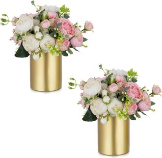 Nuptio Blumenvase Klein Hochzeit Tafelaufs&auml;tze: 2 St&uuml;cke 13cm Gold K&uuml;nstliche Blumen Vasen Tisch Tafelaufsatz Metall Floralen Rose Zylinder Essen Wohnzimmer 