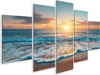 Islandburner Bild auf Leinwand Küsten Sonnenuntergang mit schaumigen Wellen, die auf sandigem Ufer krachen - friedli Bilder Wandbilder Poster