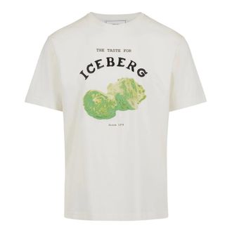 Iceberg Homme, Tops, Blanc, Taille: L T-shirt en coton vanille coupe droite avec impression de salade et broderie