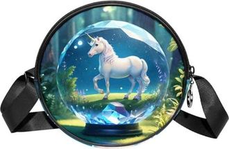 Generic Sac &agrave; bandouli&egrave;re rond pour femme, motif licorne et boule de cristal, petit sac &agrave; bandouli&egrave;re avec fermeture &eacute;clair, bretelles r&eacute;glables, sac &agrave; main r