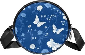 Generic Sac &agrave; bandouli&egrave;re rond pour femme, motif floral bleu, papillon, petit sac &agrave; bandouli&egrave;re avec fermeture &eacute;clair, bretelles r&eacute;glables, sac &agrave; main rond d&eacute;