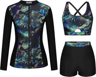 Kate Kasin Maillot de bain 3 pièces à imprimé floral pour femme avec fermeture éclair - Protection solaire - Tankini pour sports nautiques - Pour le surf et la n