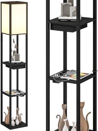 HOMCOM Lampadaire avec &eacute;tag&egrave;res lampe sur pied de salon douille E27 style moderne lampadaire sur pied avec interrupteur et port USB A+C pour salon et chambre