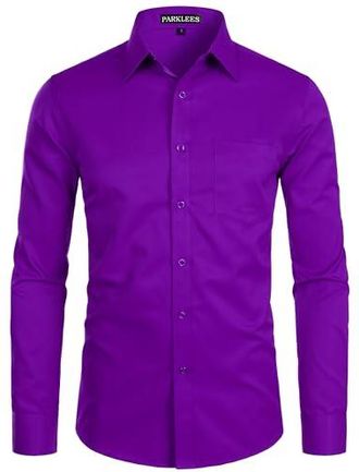 PARKLEES Chemise habill&eacute;e &agrave; manches longues pour homme, coupe ajust&eacute;e, style d&eacute;contract&eacute;, business ou formel, &agrave; boutons avec poche, violet, XXL