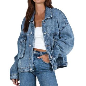 Generic Veste en jean oversize pour femme, manches longues, fermeture boutonn&eacute;e, col rabattu, style d&eacute;contract&eacute;, bleu roi, taille M