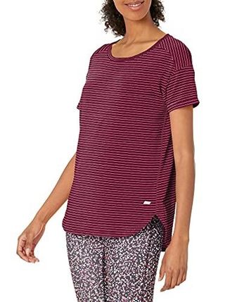 Amazon Essentials T-shirt Studio léger à col rond, coupe décontractée (grandes tailles disponibles) Femme, Bordeaux Rayures, XXL