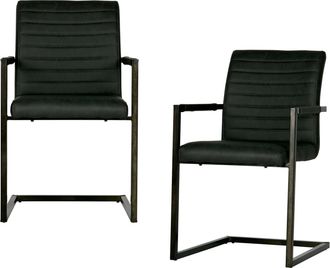 Woood Bas Esszimmerstühle Anthrazit - 2er Set Esstisch Stühle aus Vintage-Pu-Leder mit Rippenstruktur Küchenstuhl mit Rückenlehne und Armlehne