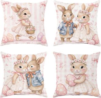 Generic Hasen-&Uuml;berwurf-Kissenbez&uuml;ge, 4er-Set, Fr&uuml;hlings-Ei-Blume, Ostern, Pfirsich mit verstecktem Rei&szlig;verschluss, dekorative Kissenbez&uuml;ge f&uuml;r Wohnzimmer, Sch
