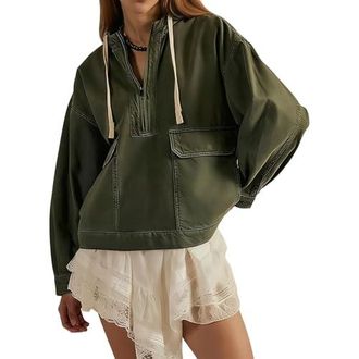 Generic Vestes en jean pour femmes, sweat shirt &agrave; demi zip avec poches, style tendance, vert arm&eacute;e, taille S