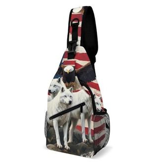Generic Sacoche Tactique Drapeau am&eacute;ricain Loups et Loup Casual Sac Bandouli&egrave;re L&eacute;ger Crossbody Bag pour Camping Randonn&eacute;e Femme