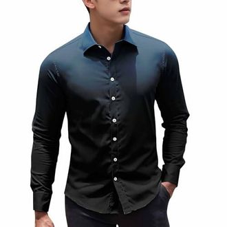 Generic DENGJIAMY Chemise habill&eacute;e d&eacute;contract&eacute;e daffaires boutonn&eacute;e chemise classique basique unie t-shirt &agrave; manches longues hauts col chemisier pour homme, b