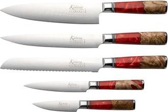 Grunwerg Katana Saya Elements 6-teiliges Messerblock-Set, Vulkanisches Rot - VG-10-Damaststahl mit hohem Kohlenstoffgehalt f&uuml;r extreme Robustheit und Sch&auml;rfe -