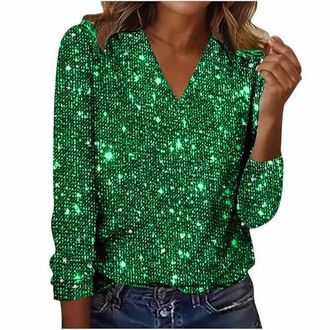 Generic Hauts &agrave; paillettes pour femme - Manches longues - Col en V - Tenue de vacances - Hauts de No&euml;l &eacute;tincelants pour femme, Vert, XXL