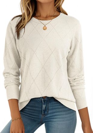 Dokotoo Pullover Damen Herbst Winter Wollmischung Rundhals Strickpullover Oberteile Langarm Warm Pulli Tops Casual Leichte Sweater Rautenmuster Weich Strickpu