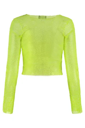 Santa Brands Womens Open-Knit Top With Rhinestones Green Polyester Tops