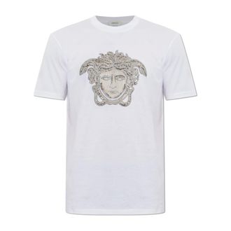 Versace Homme, Tops, Blanc, Taille: S T-shirt en coton orn&eacute; de cristaux scintillants
