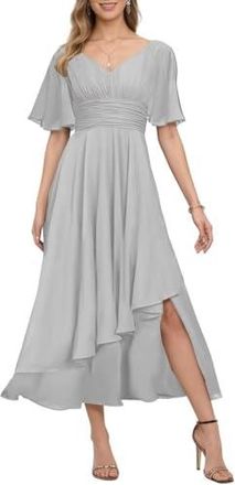 Generic Robe de mère de la mariée avec manches et col en V plissée en mousseline de soie pour invitée de mariage, Argenté., 56 Grande taille