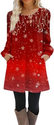 Generic Robe Noel Femme Chic et Elegante Robe Pull Casual Imprimé Noël Col Rond Manches Longues Robe de Noël Femme Swing Plissé A-Line avec Poches,f988y,Or,S