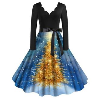 Generic Robes de Noël pour femmes, grande taille, robe de Noël 2025 plissée à manches longues pour bal de fin dannée, robe de cocktail Hepburn avec col en V, 