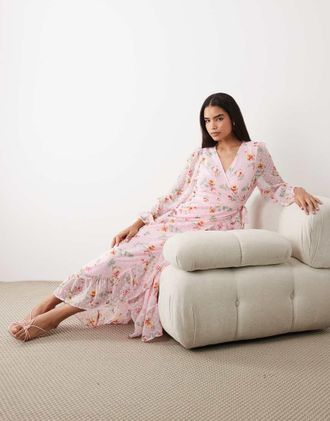 Vila Maxi-Wickelkleid aus Dobby-Stoff in Kirschbl&uuml;tenrosa mit R&uuml;schen und Blumenmuster