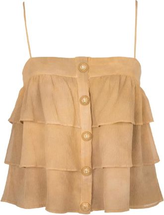 Balmain Femme, Tops, Beige, Taille: 34 FR Top &agrave; bretelles en soie &agrave; volants tie and dye