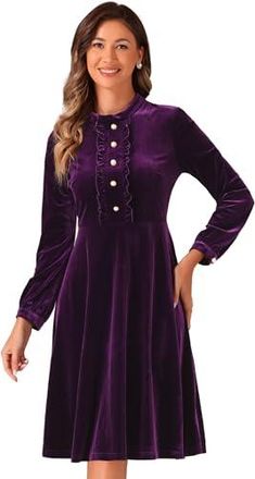 Allegra K Robe en Velours pour Femmes col Montant boutonné Devant Volants Robes évasées Vintage Violet Foncé XS