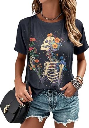 Generic T-shirts dHalloween pour femmes, squelette floral | T-shirts graphiques &agrave; manches courtes coupe r&eacute;guli&egrave;re v&ecirc;tements d&eacute;t&eacute; - pour voyage, Motif squelett