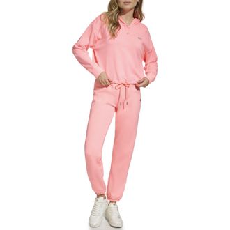 DKNY Womens Metallic Bubble Logo Button Front Hoodie with Drawcord Hooded Sweatshirt, Atomic Pink, 36